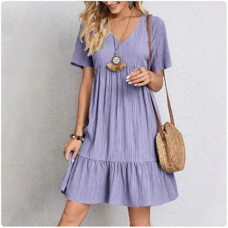 Women Summer Peplum Dresses Spring V-Neck Short Sleeve Loose Waist Ruf ...